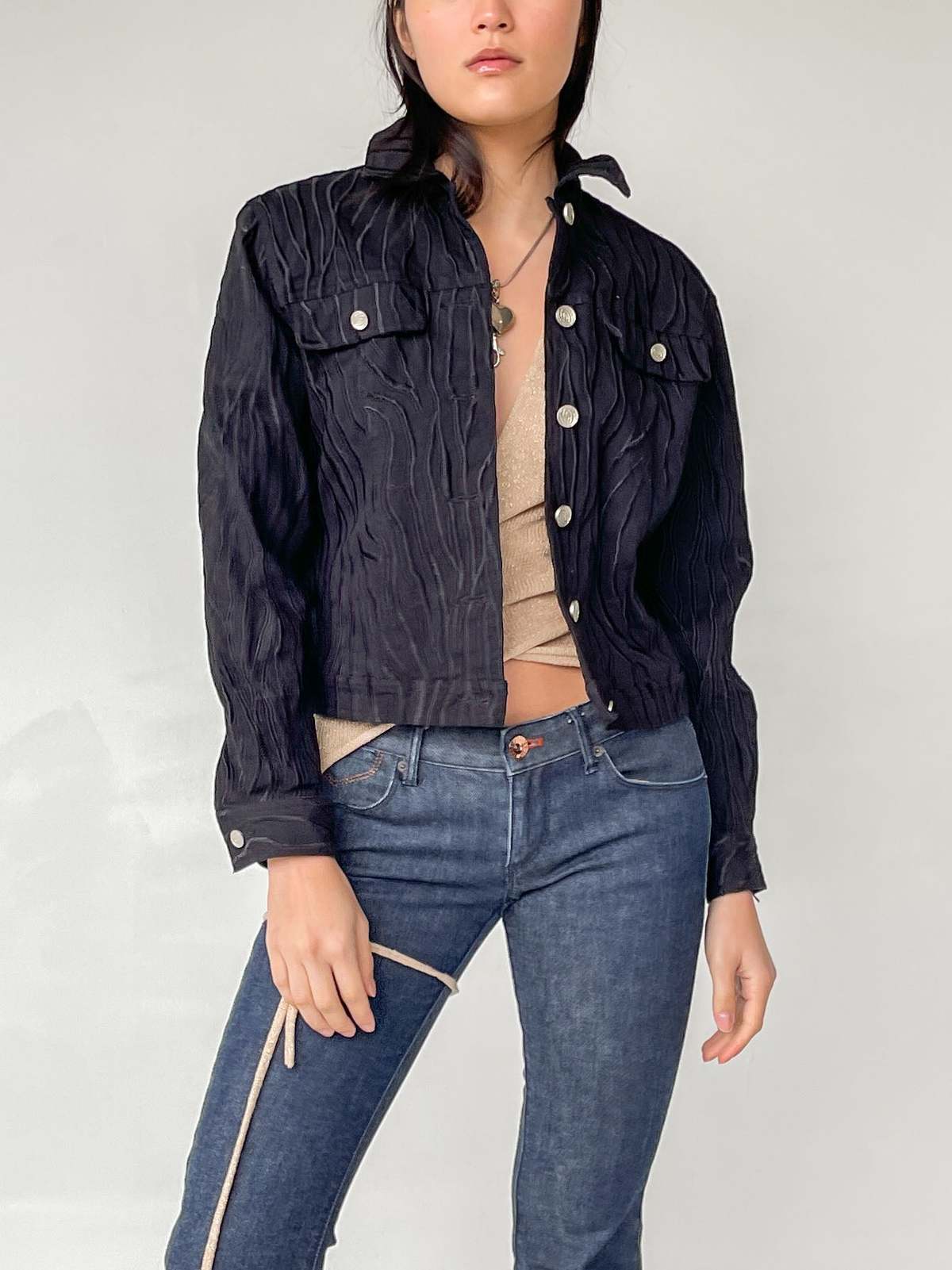 Stitch Textured Sculptural Denim Jacket - Black | Garmentory