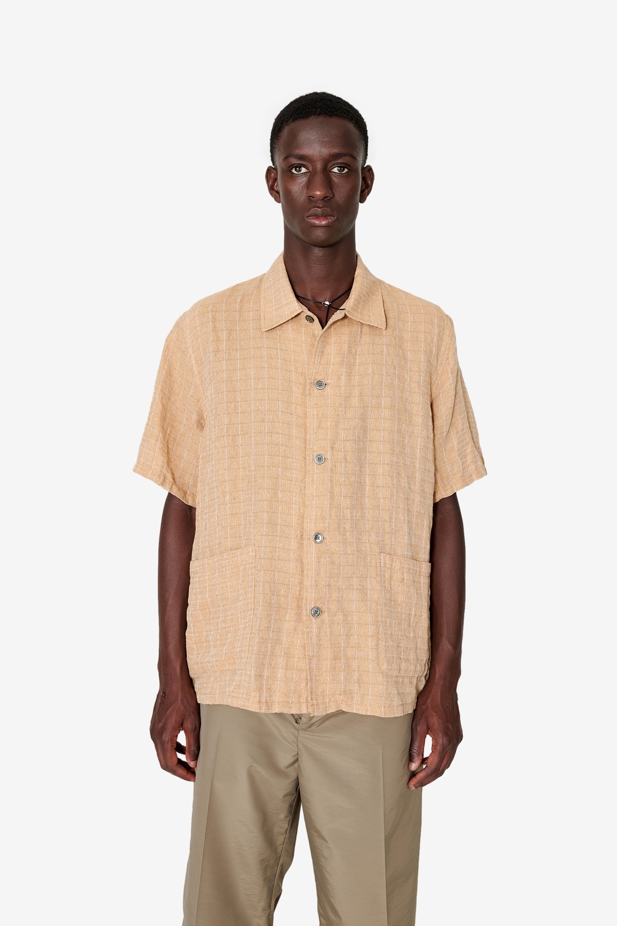 Our Legacy Elder Shirt Shortsleeve - Oat Texan Pinstripe | Garmentory