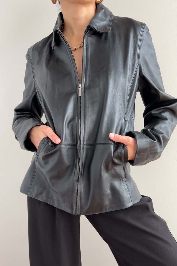 Vintage Chalkboard Leather Zip Up Jacket | Garmentory