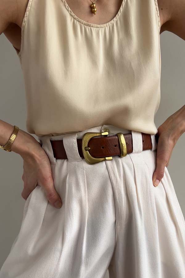 Vintage Leather Belt - Gold Tone/Caramel | Garmentory