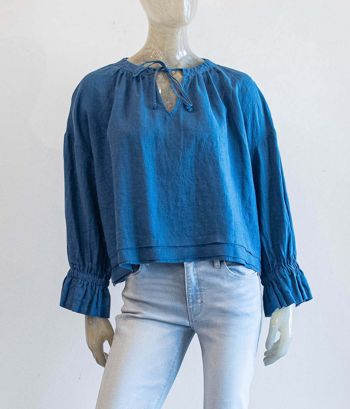 Yuvita Tie Neck Linen Peasant Blouse | Garmentory