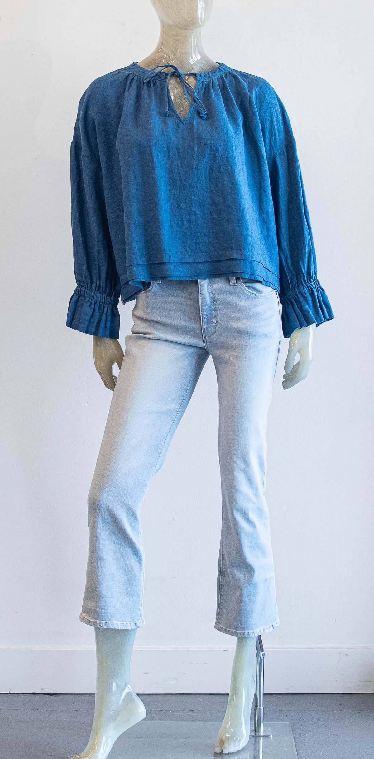 Yuvita Tie Neck Linen Peasant Blouse | Garmentory