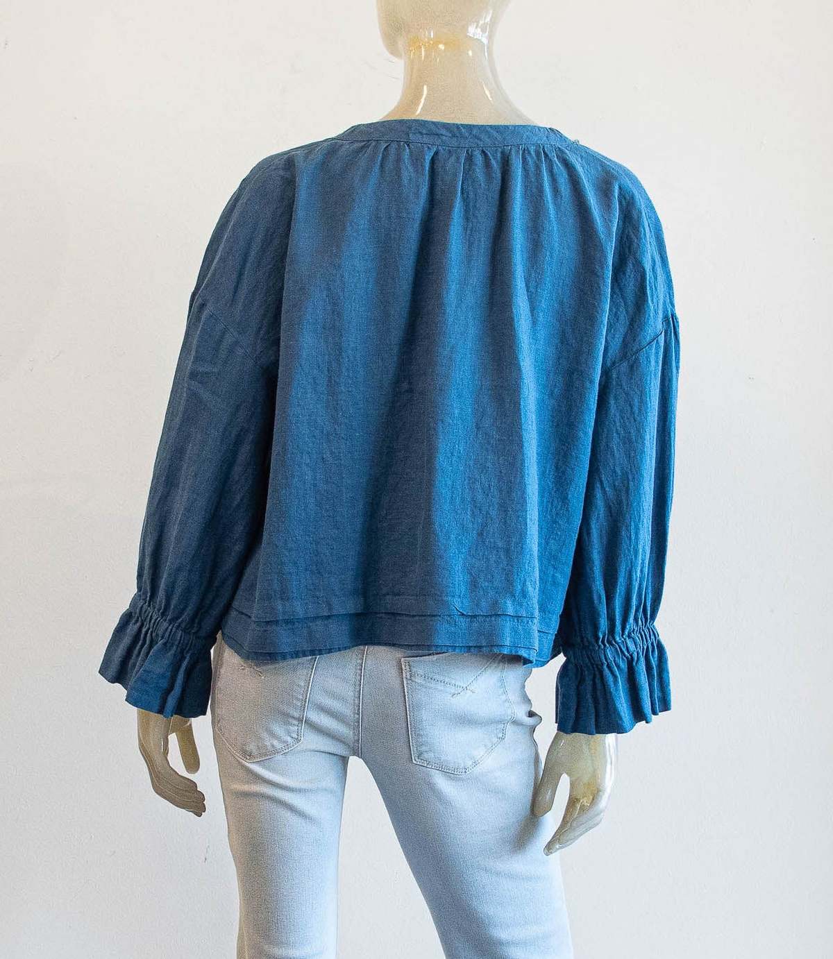 Yuvita Tie Neck Linen Peasant Blouse | Garmentory