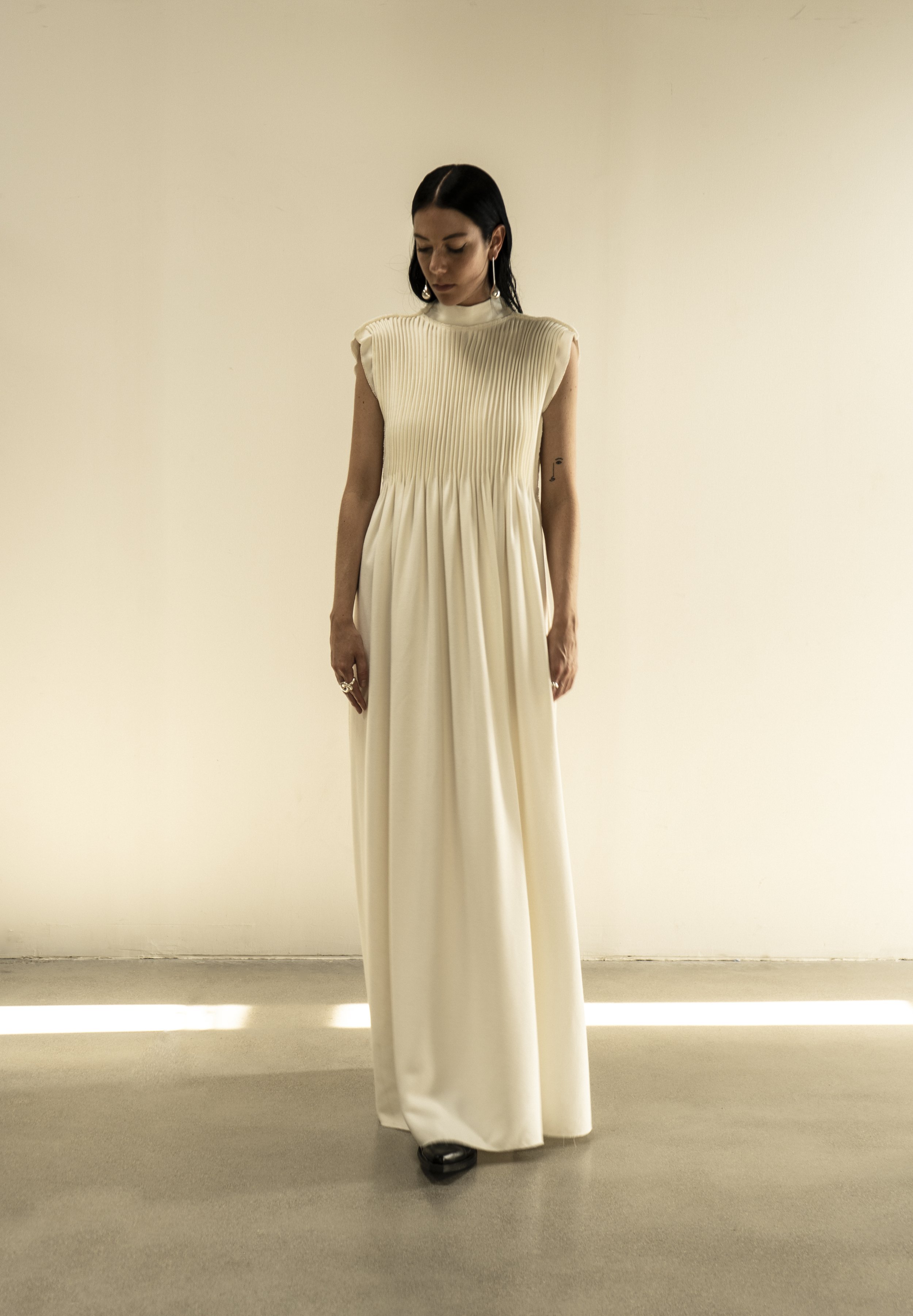 K M by L A N G E Kramatorsk Cold Wool Dress - Cream | Garmentory