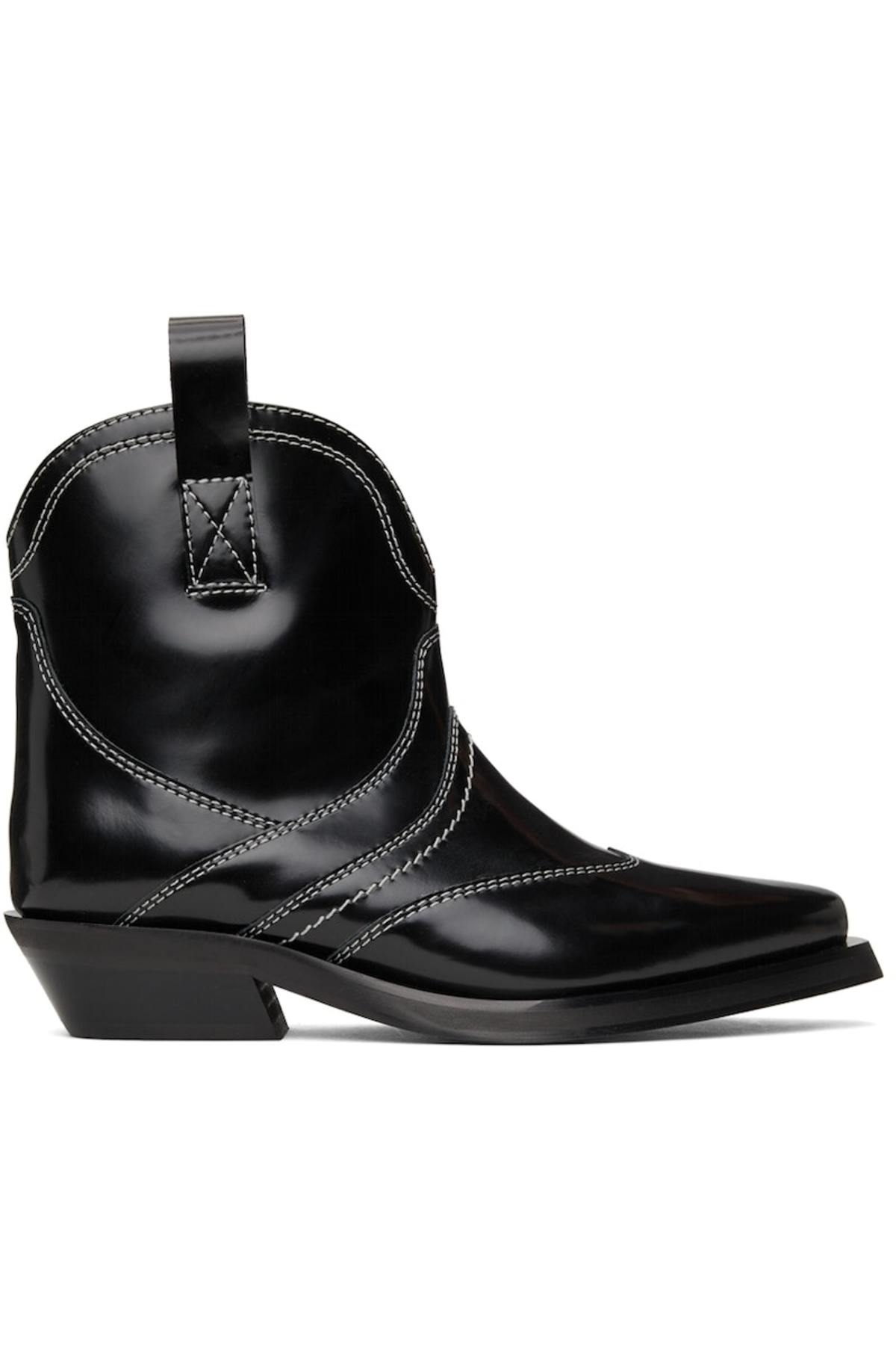 Ganni Polished Western Ankle Boots - Black | Garmentory