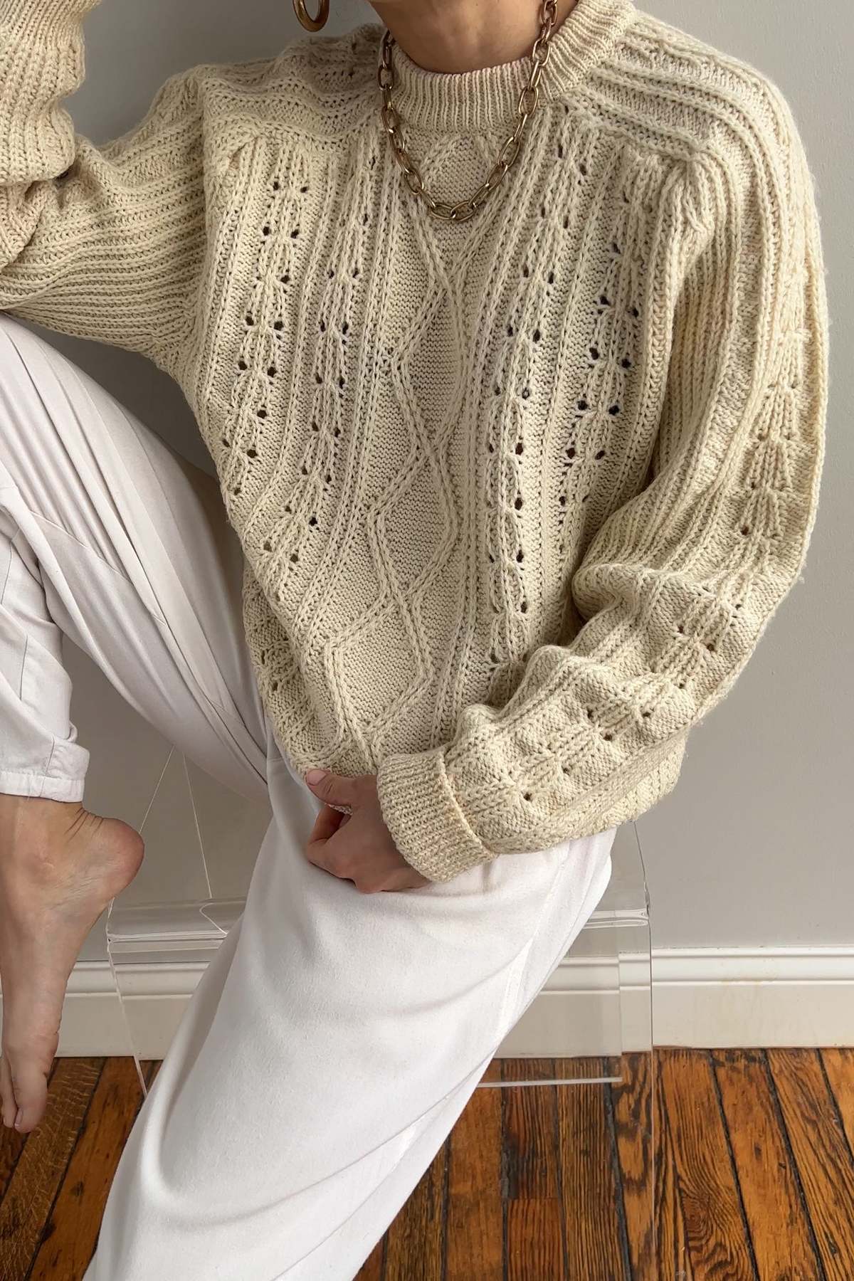 Vintage English Wool Cable Knit Sweater - Ivory | Garmentory