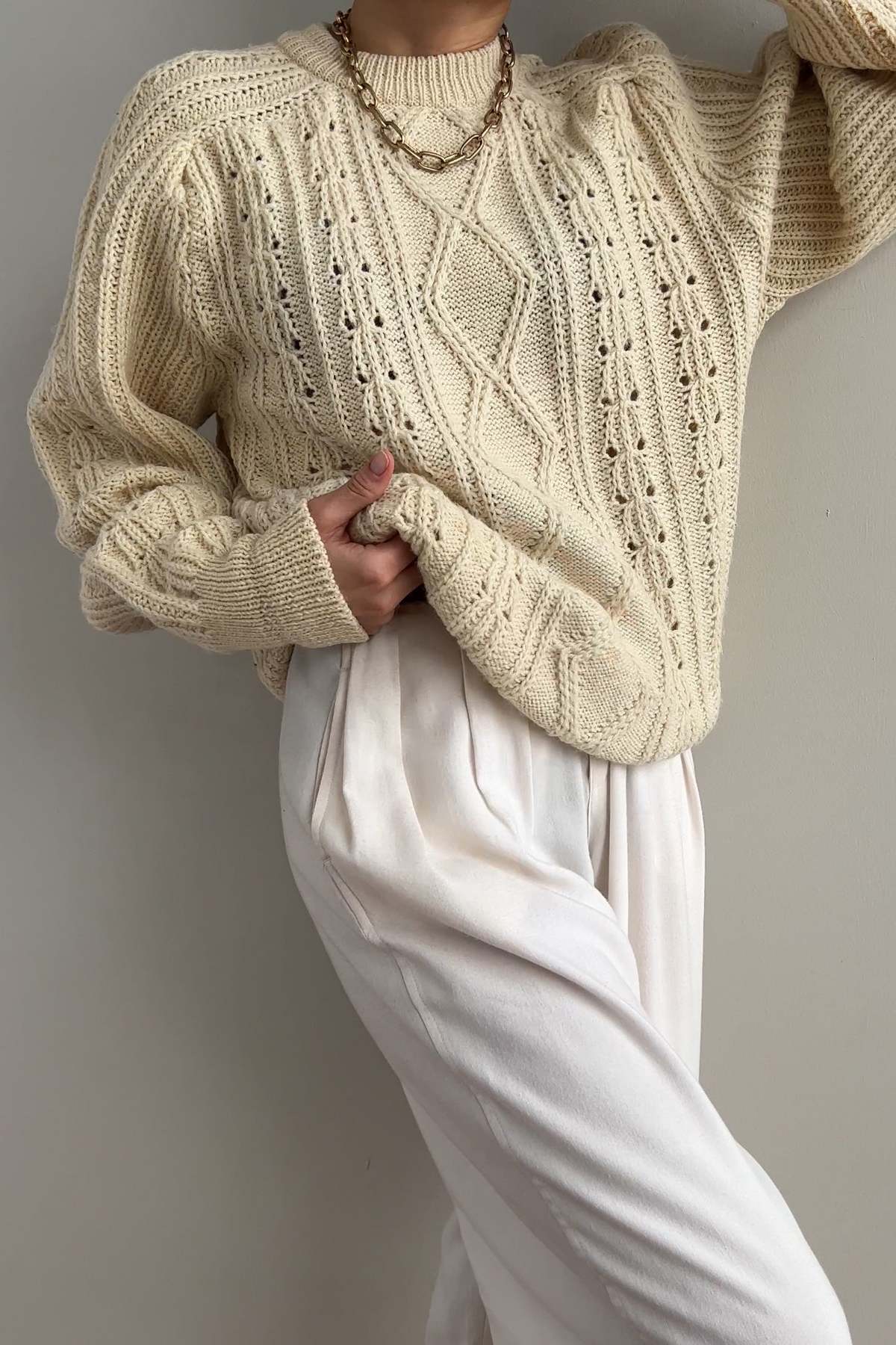 Vintage English Wool Cable Knit Sweater - Ivory | Garmentory
