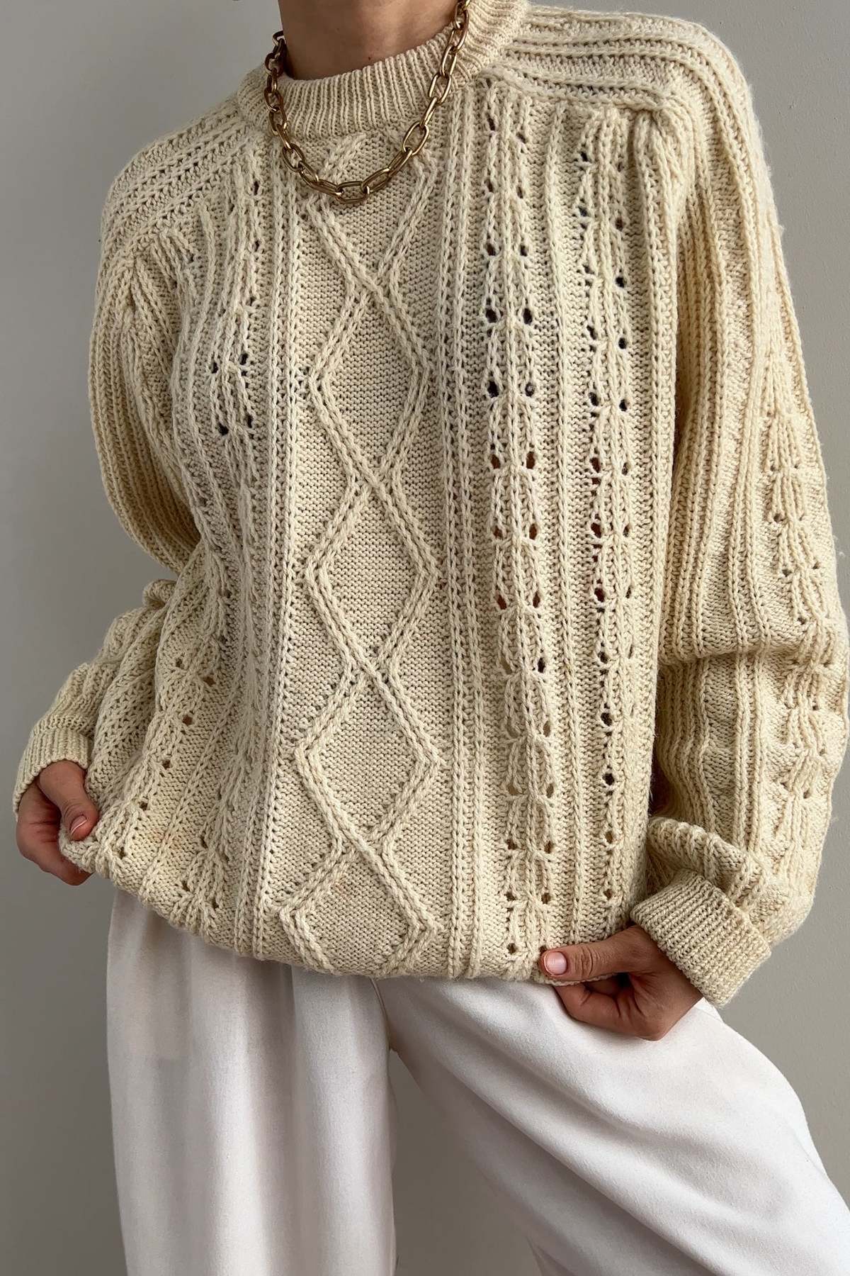 Vintage English Wool Cable Knit Sweater - Ivory | Garmentory