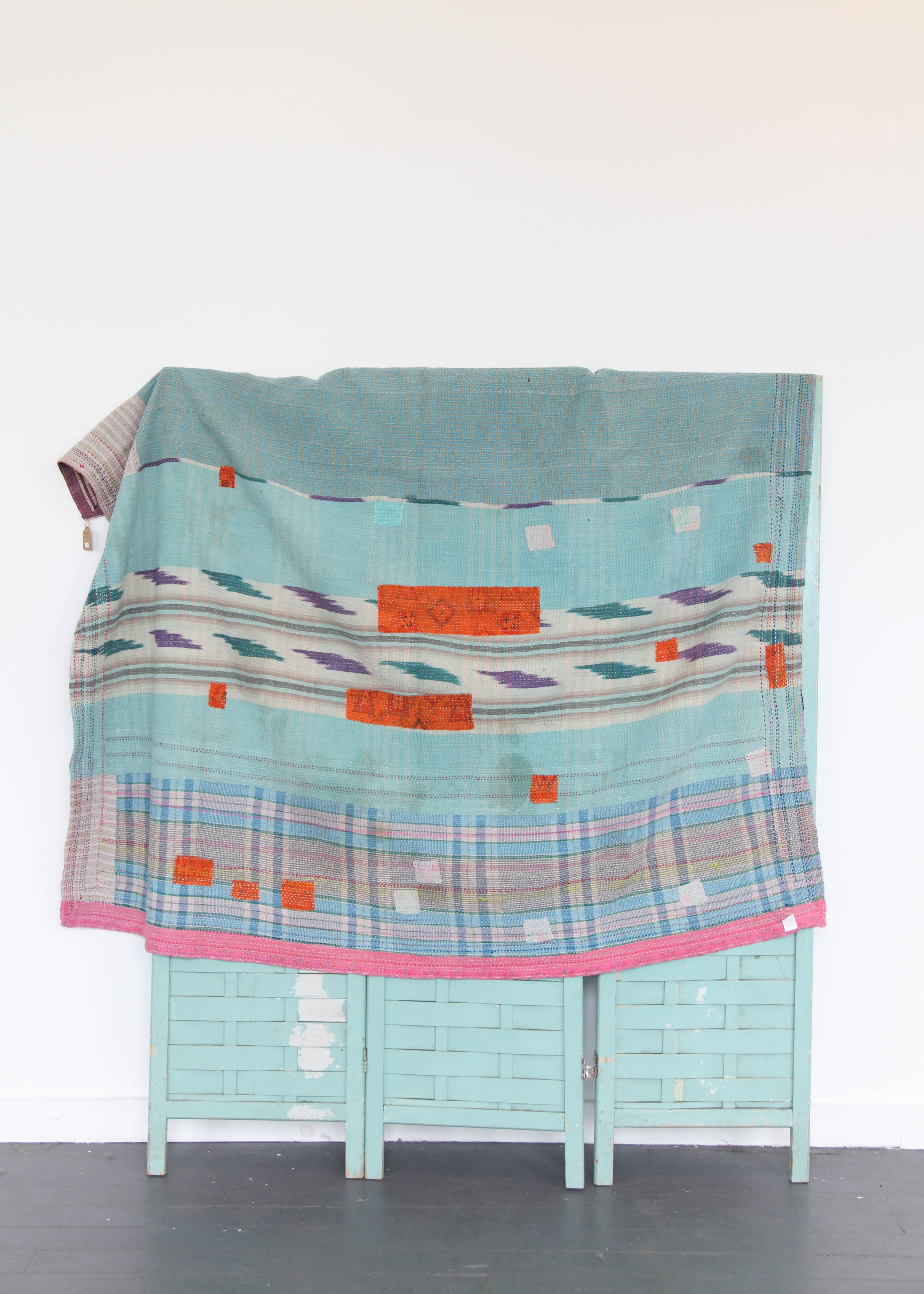 Abigail Rose and Lily Too Kantha Quilt - Turquoise Patchwork Bold Stripe | Garmentory