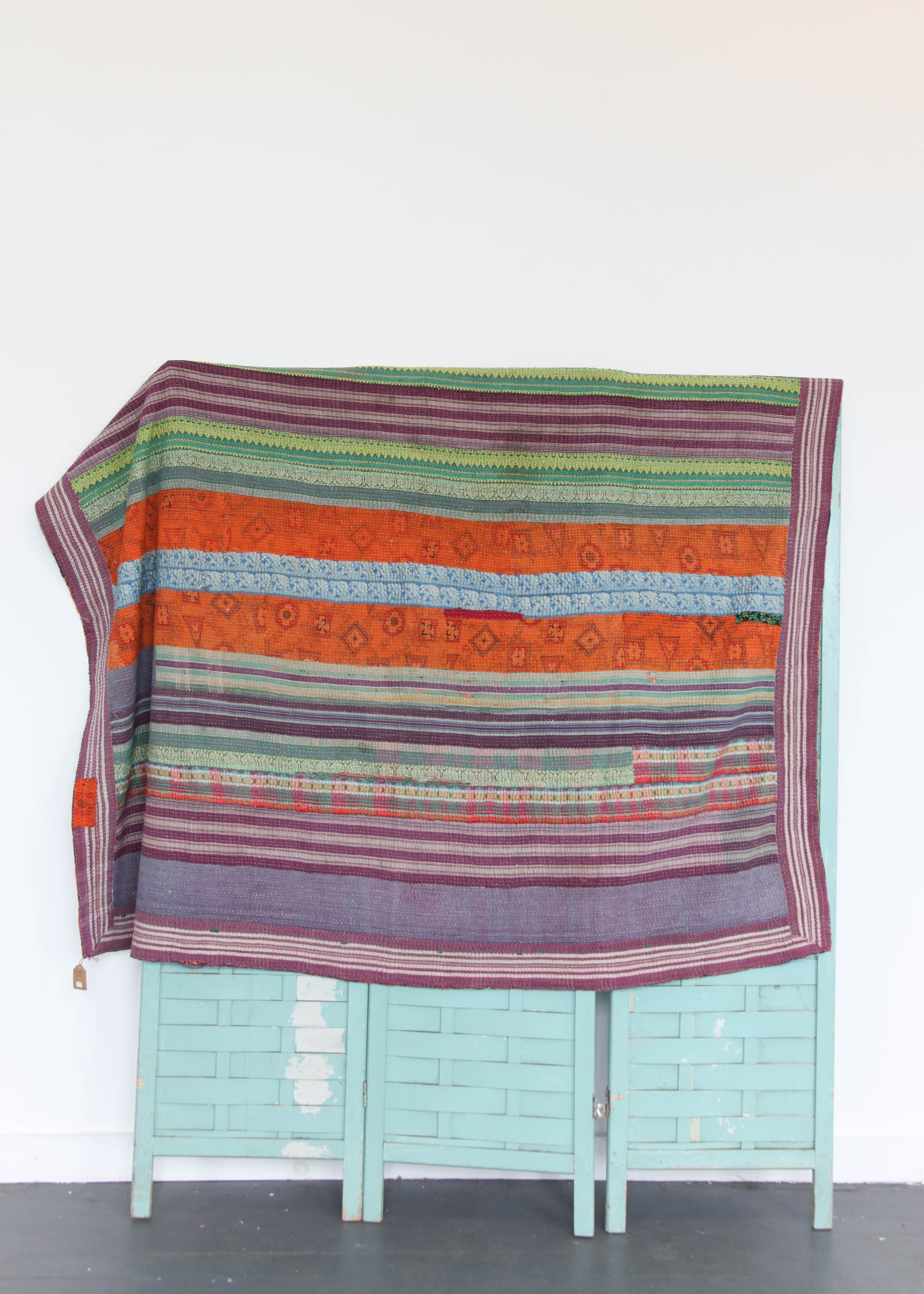 Abigail Rose and Lily Too Kantha Quilt - Turquoise Patchwork Bold Stripe | Garmentory