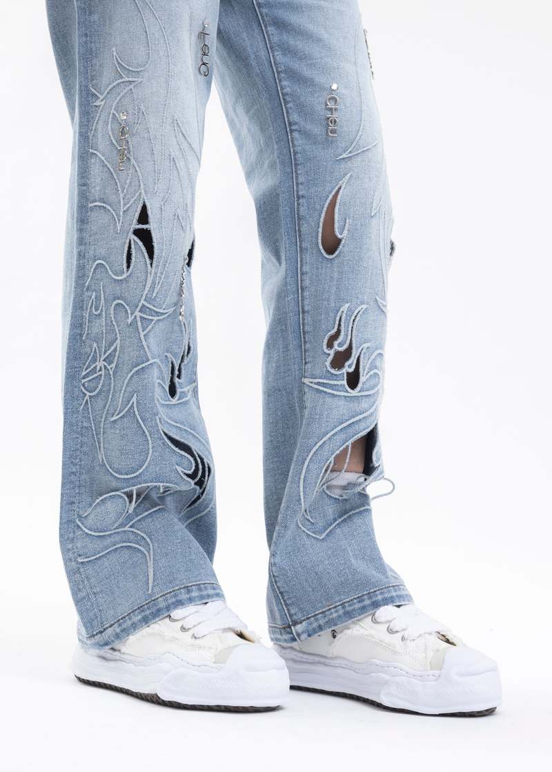 Feng Chen Wang Phoenix Cut-out Embroidered Denim Pants - Blue | Garmentory