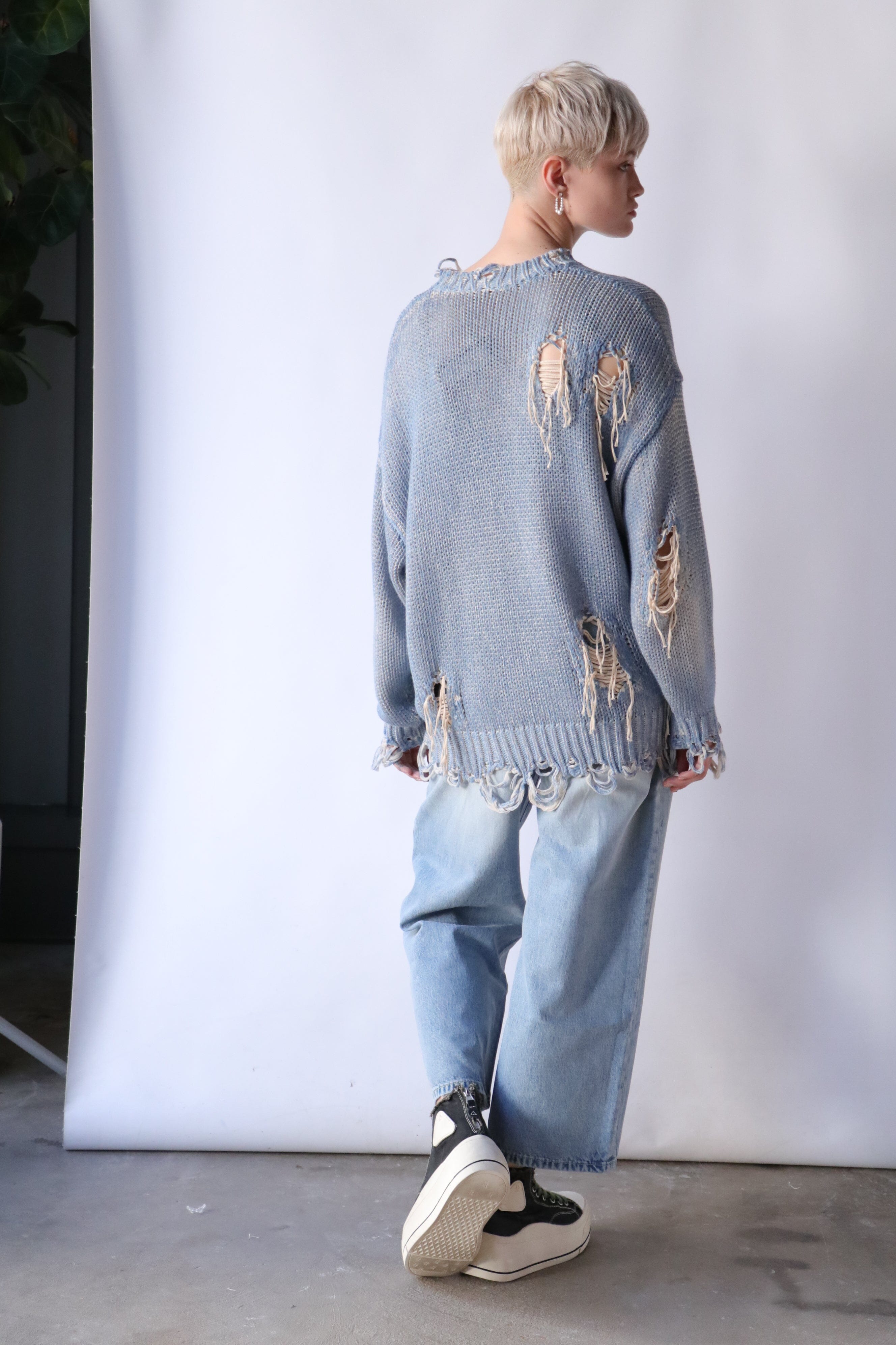 R13 Denim Distressed Oversized Sweater - Denim Blue | Garmentory