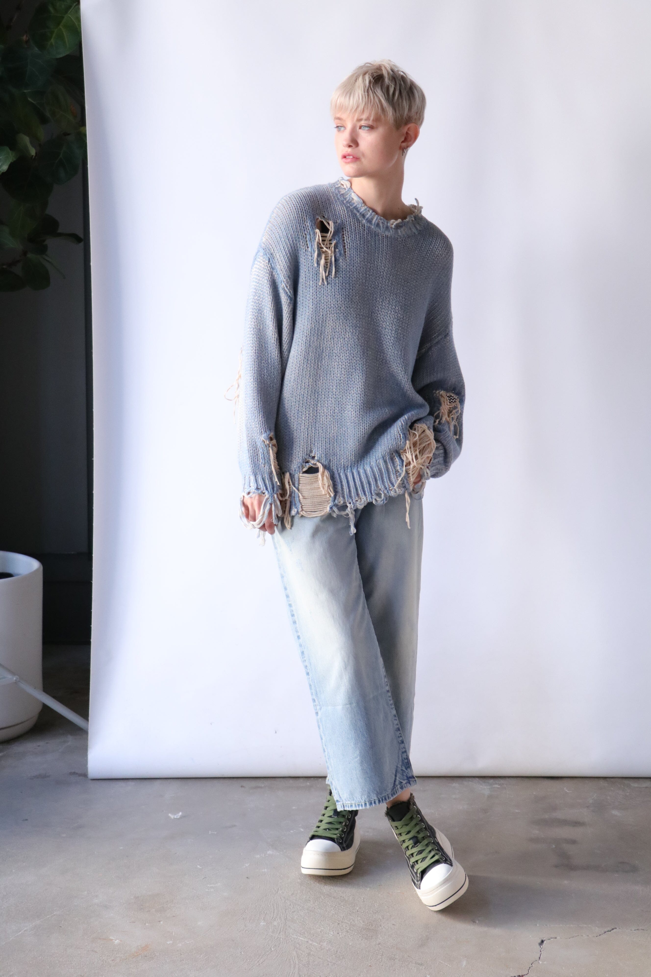 R13 Denim Distressed Oversized Sweater - Denim Blue | Garmentory