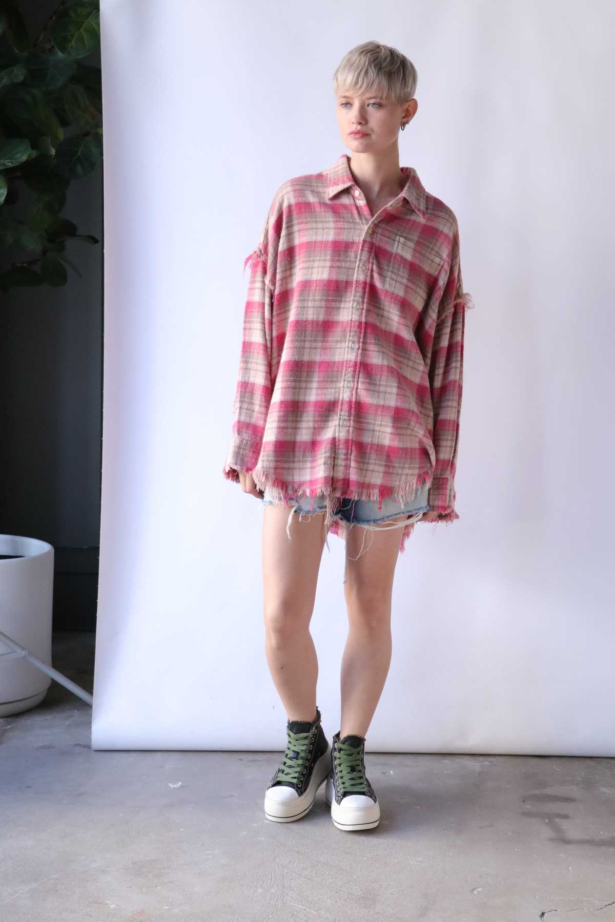 R13 Shredded Seam Drop Neck Shirt in - Light Pink Plaid | Garmentory
