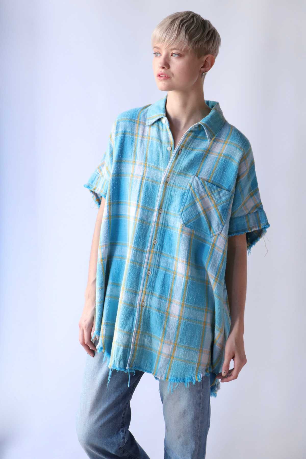 R13 Sleeveless Boxy Button-Up Shirt - Light Blue Plaid | Garmentory
