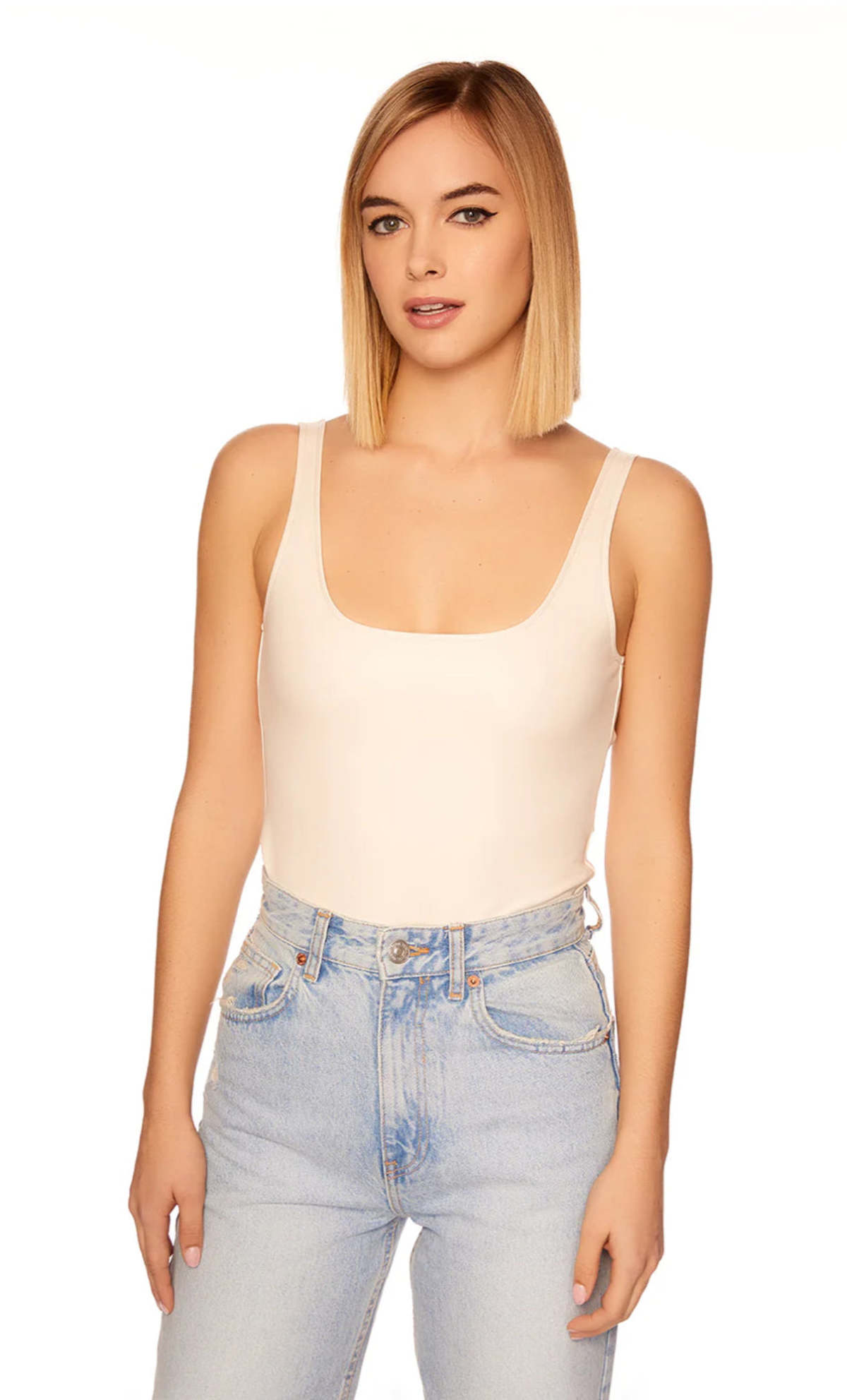 Susana Monaco Faux Leather Low Back Tank Bodysuit - Blanched Almond ...