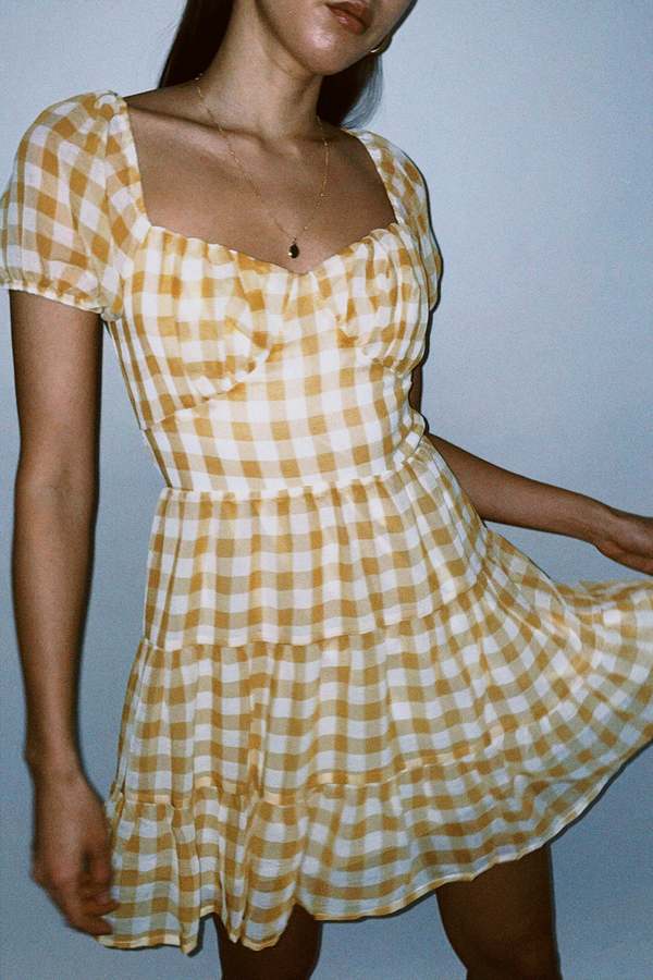 Lush Ginger Gingham Mini Dress - Ochre | Garmentory
