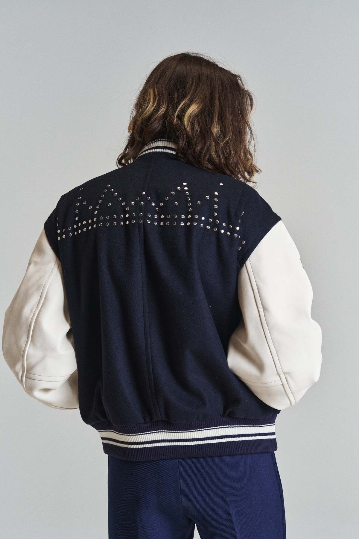 Wales Bonner Wool & Ivory Leather Varsity Jacket - Navy | Garmentory