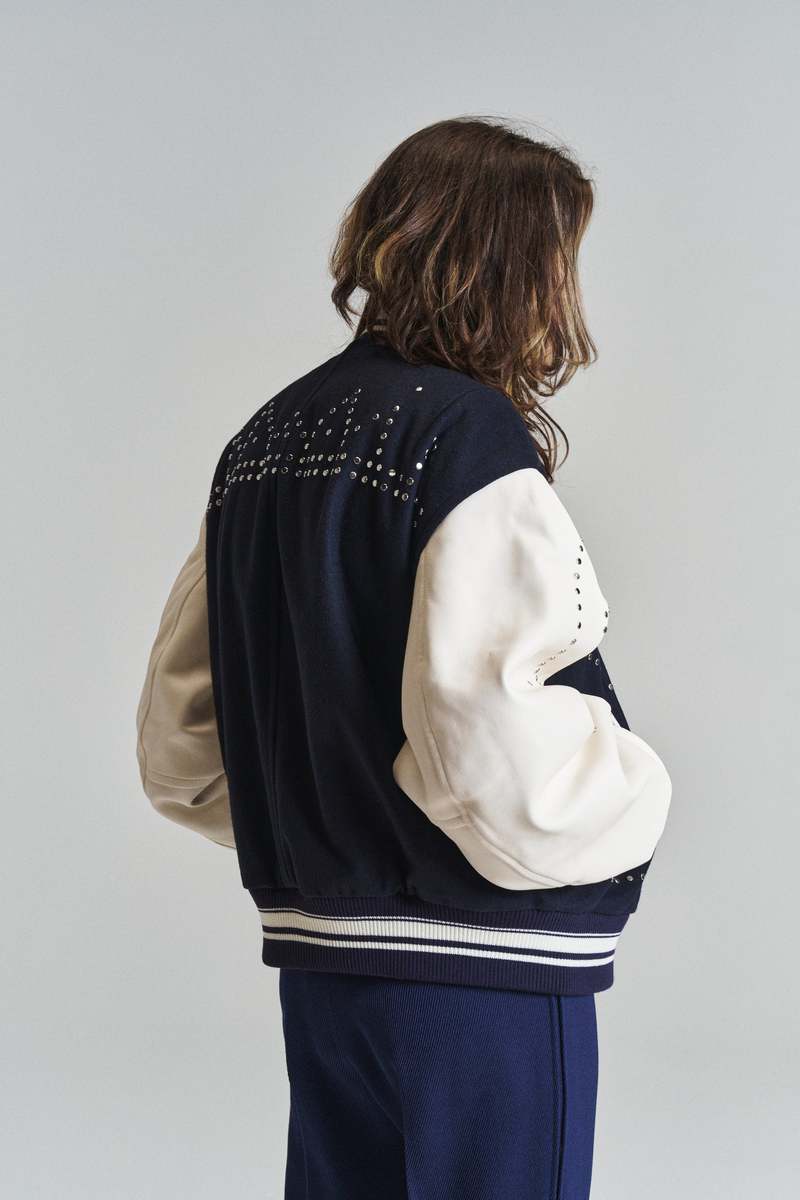 Wales Bonner Wool & Ivory Leather Varsity Jacket - Navy | Garmentory