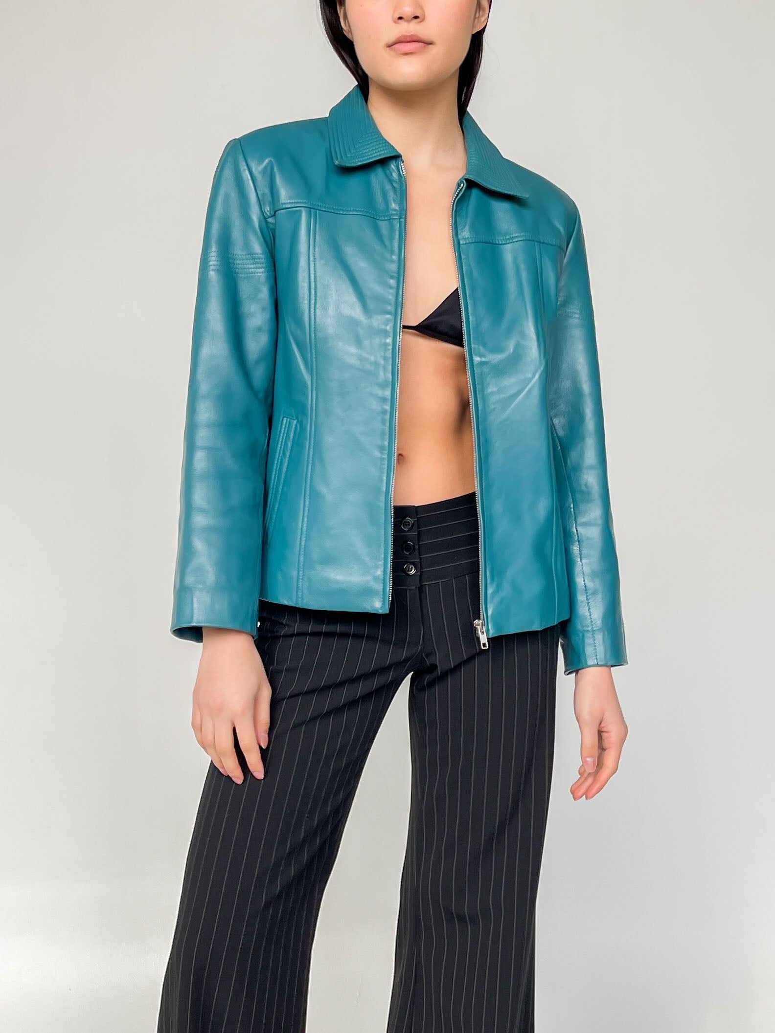 Vintage Leather Panel Zipper Jacket - Teal | Garmentory
