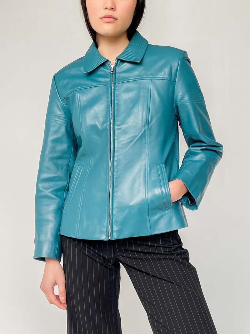 Vintage Leather Panel Zipper Jacket - Teal | Garmentory