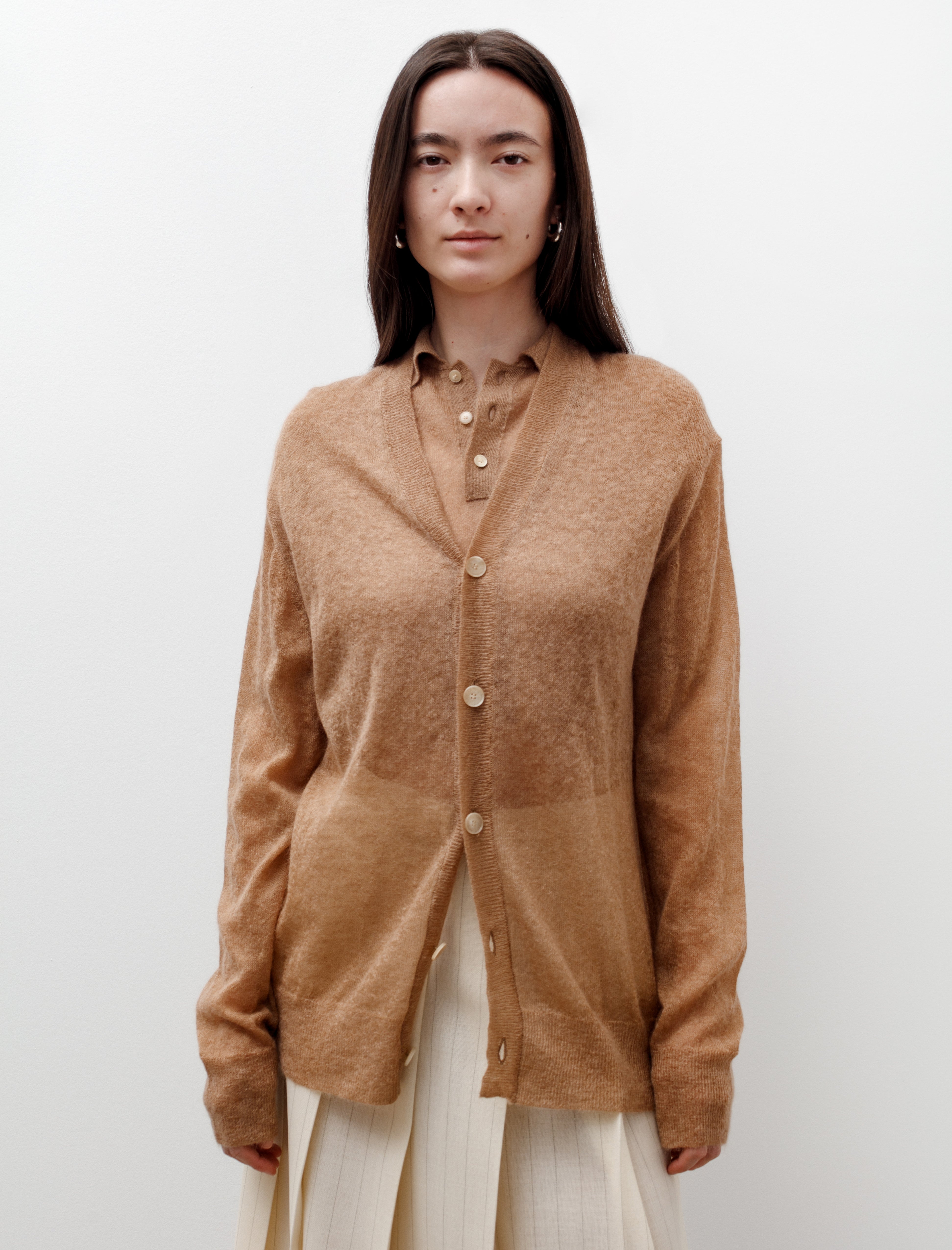 Auralee Kid Mohair Sheer Knit Cardigan - Camel | Garmentory