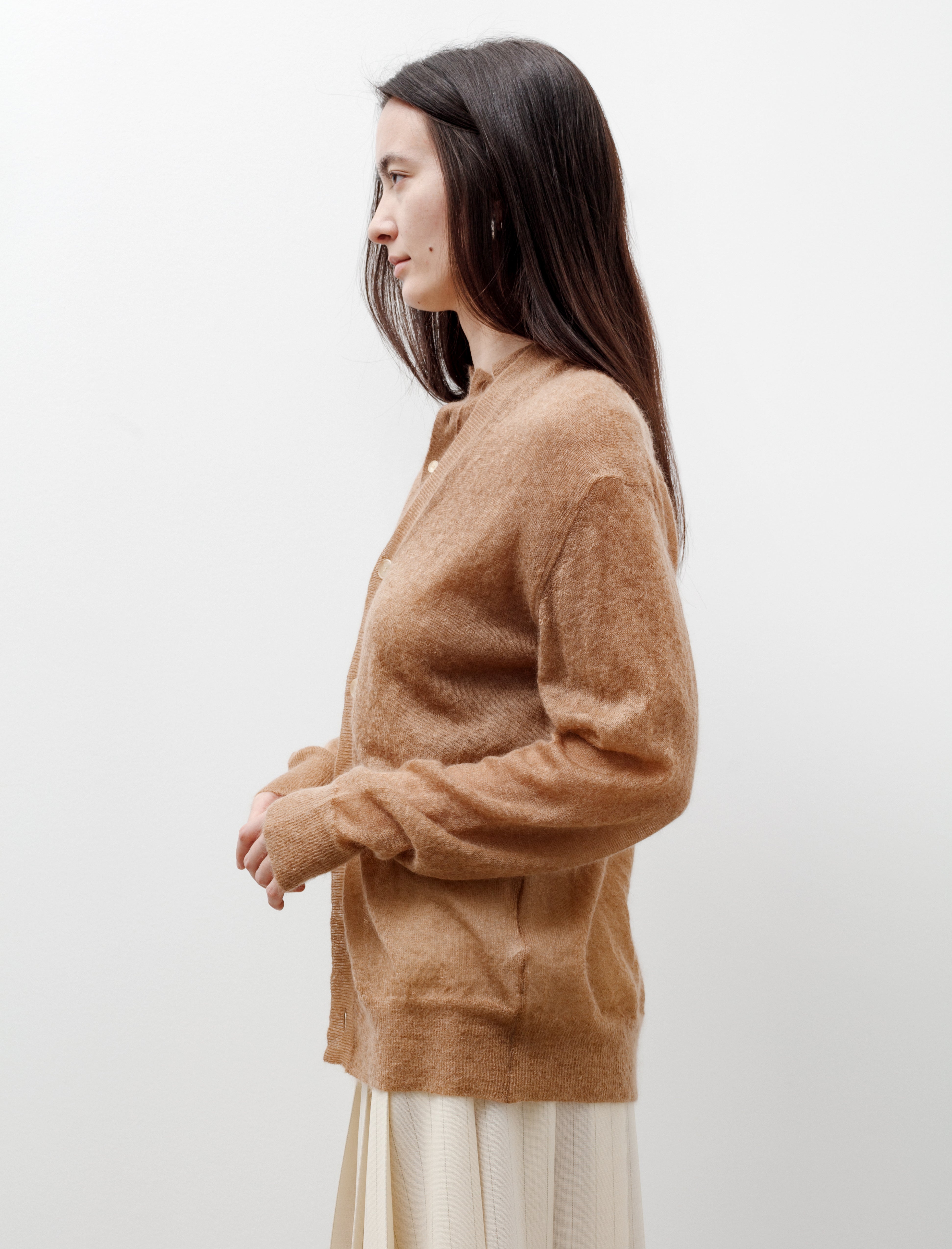Auralee Kid Mohair Sheer Knit Cardigan - Camel | Garmentory