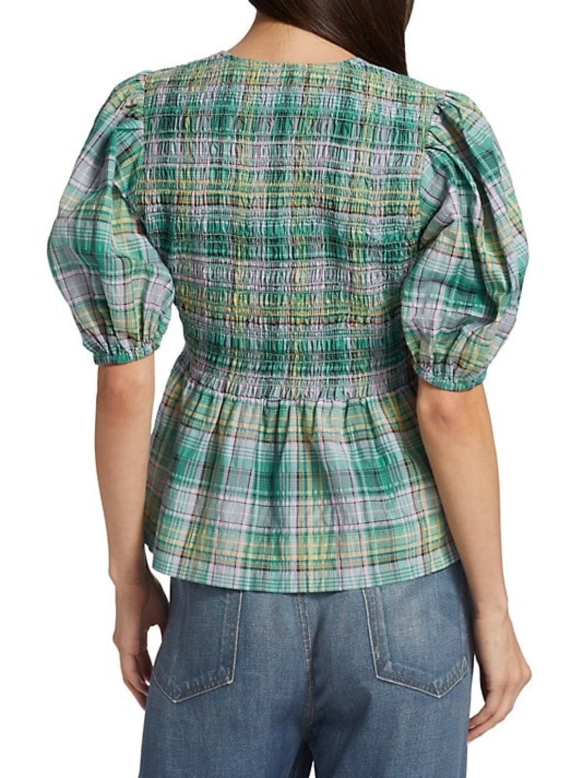 Ganni Seersucker Check Smock Blouse - Lagoon | Garmentory