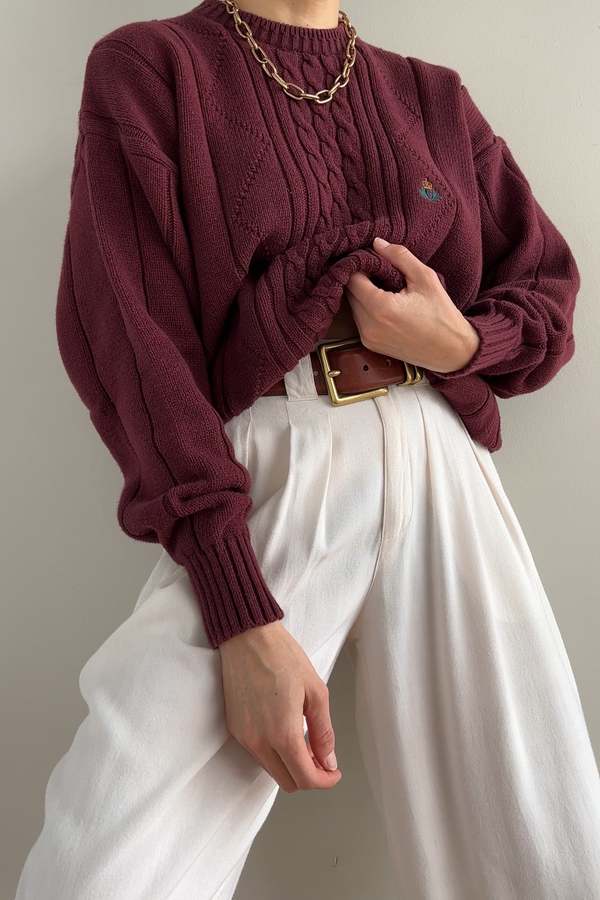 Vintage Cotton Cable Knit Sweater - Maroon | Garmentory