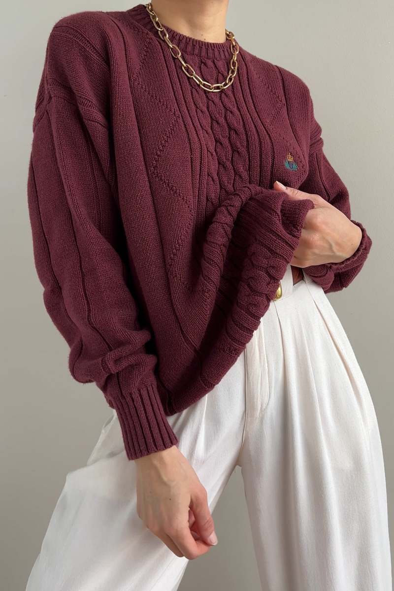 Vintage Cotton Cable Knit Sweater - Maroon | Garmentory