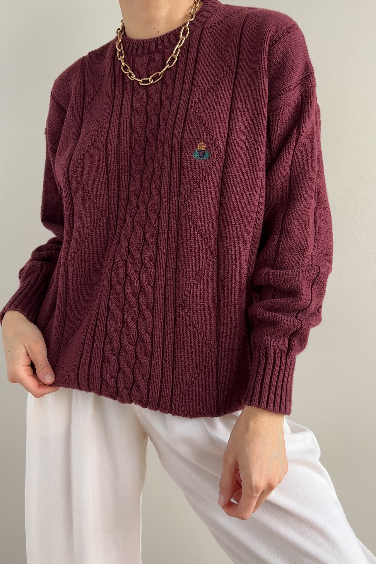 Vintage Cotton Cable Knit Sweater - Maroon | Garmentory