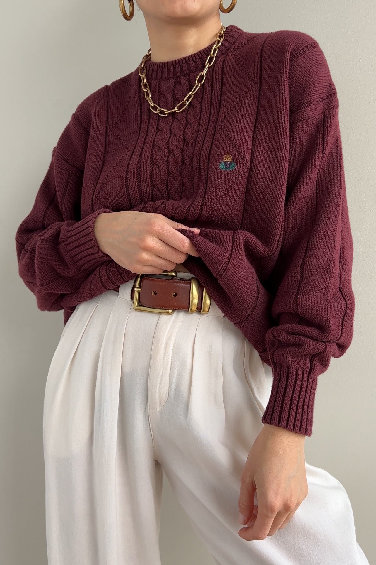 Vintage Cotton Cable Knit Sweater - Maroon | Garmentory