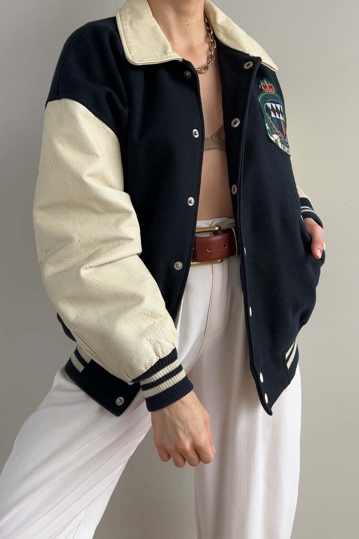 Vintage Wool and Leather Letterman Jacket - Midnight/Cream | Garmentory