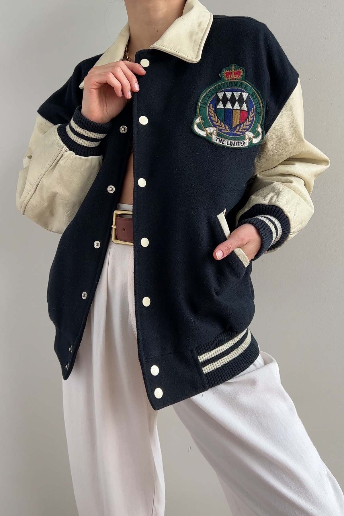 Vintage Wool and Leather Letterman Jacket - Midnight/Cream | Garmentory