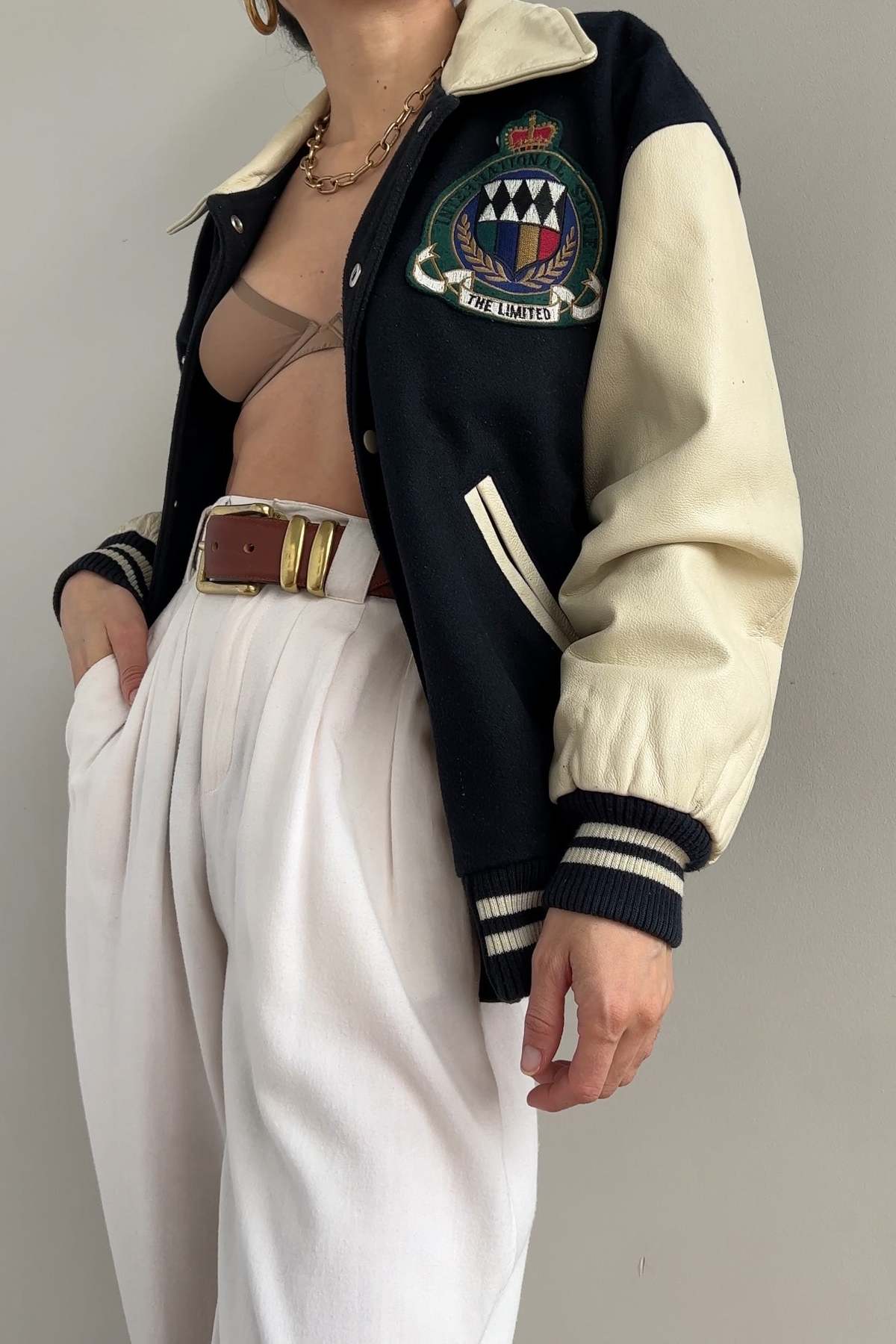 Vintage Wool and Leather Letterman Jacket - Midnight/Cream | Garmentory