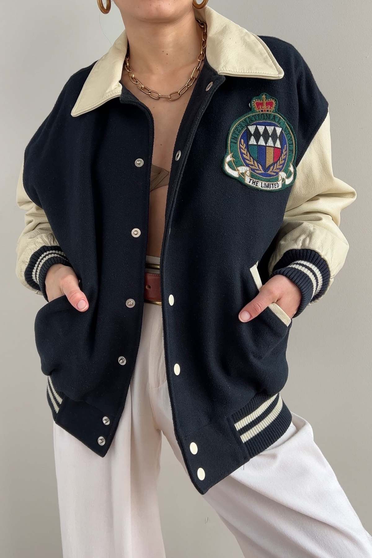 Vintage Wool and Leather Letterman Jacket - Midnight/Cream | Garmentory