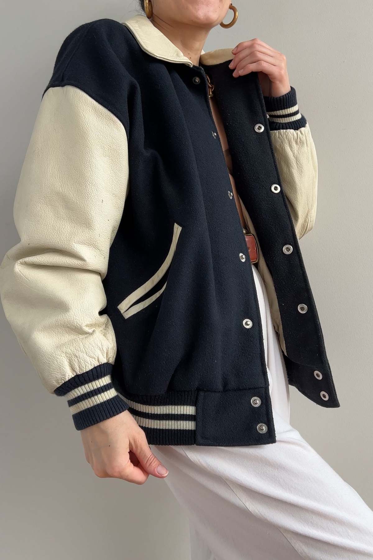 Vintage Wool and Leather Letterman Jacket - Midnight/Cream | Garmentory