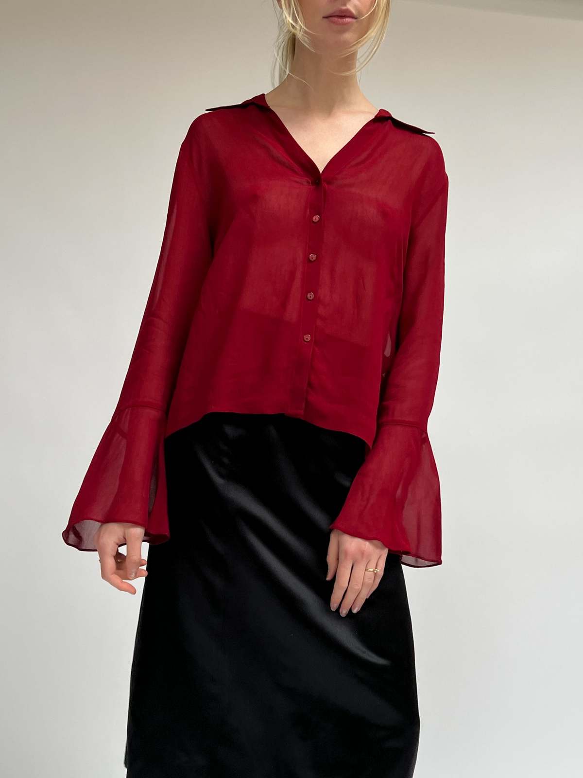 Vintage Sheer Ruffle Cuff Blouse - Red | Garmentory