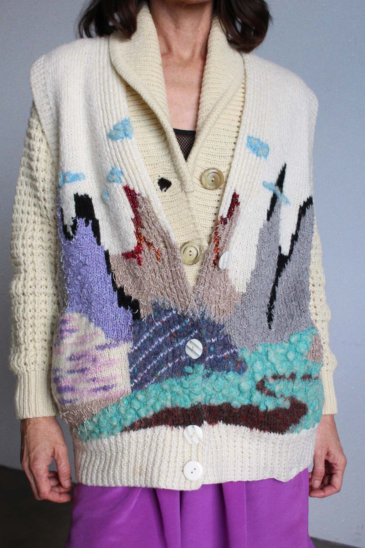Vintage 1970s Hand Knit Art to Wear Landscape Sweater Vest | Garmentory