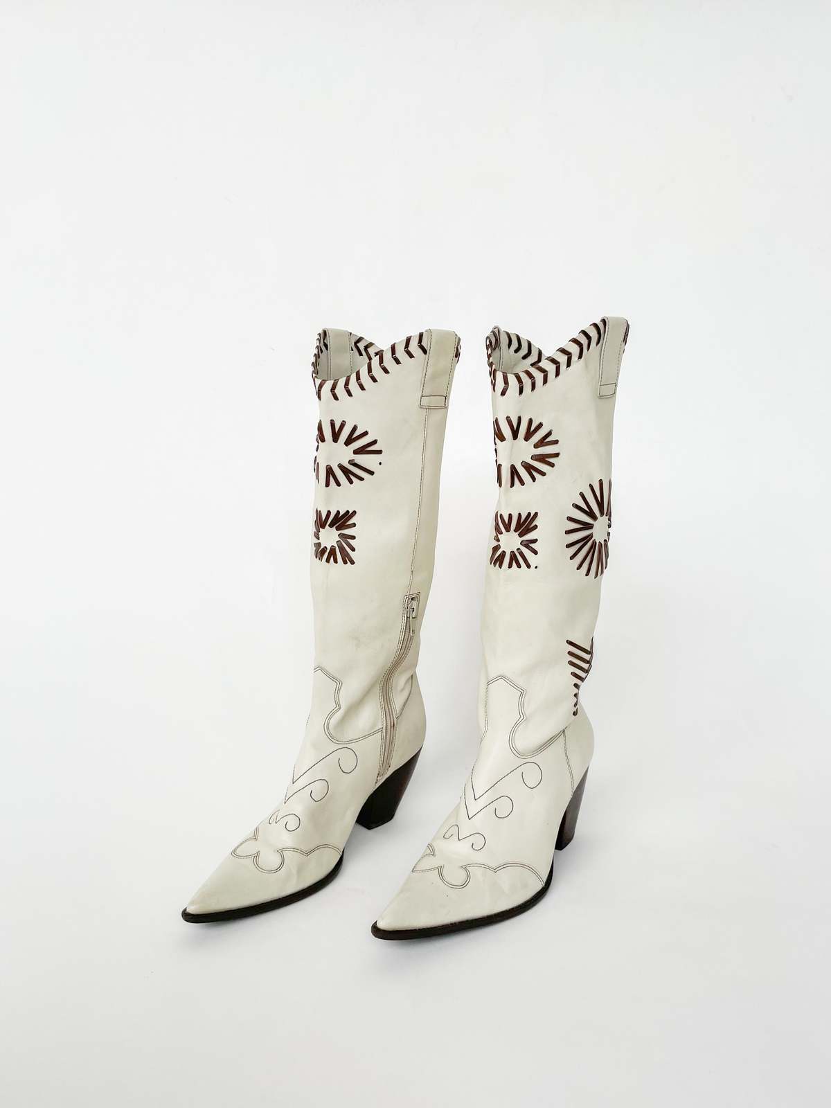 Leather Flower Embroidered Western Boots - White | Garmentory