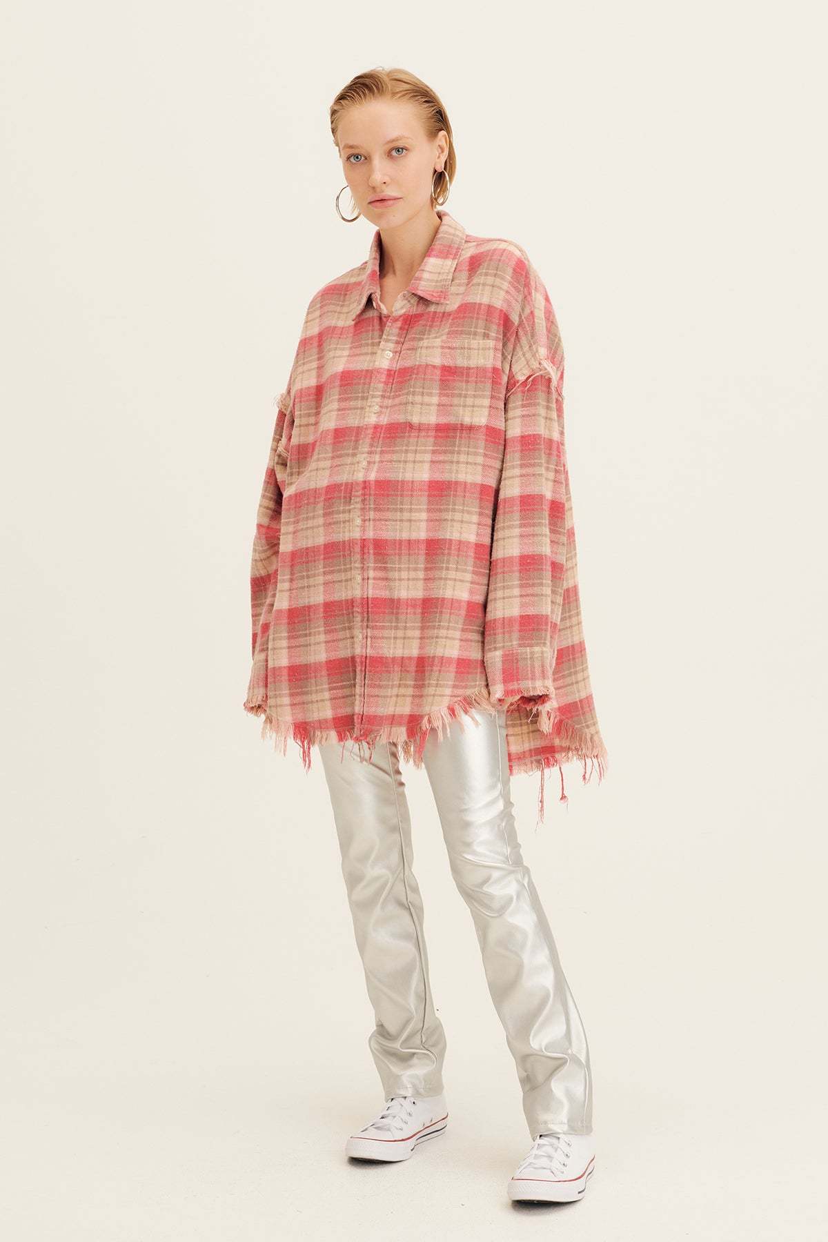 R13 Shredded Seam Drop Neck Shirt - OVERDYED LT PINK PLAID | Garmentory