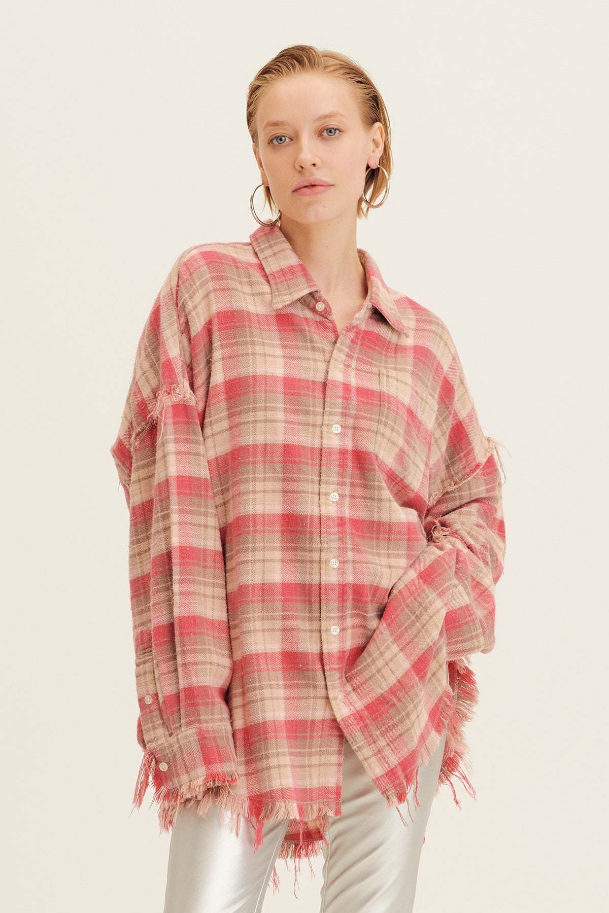 R13 Shredded Seam Drop Neck Shirt - OVERDYED LT PINK PLAID | Garmentory
