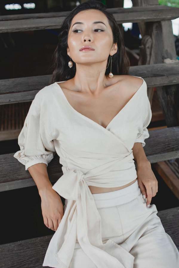 Nary Deadstock Linen Wrap Top - Cream | Garmentory