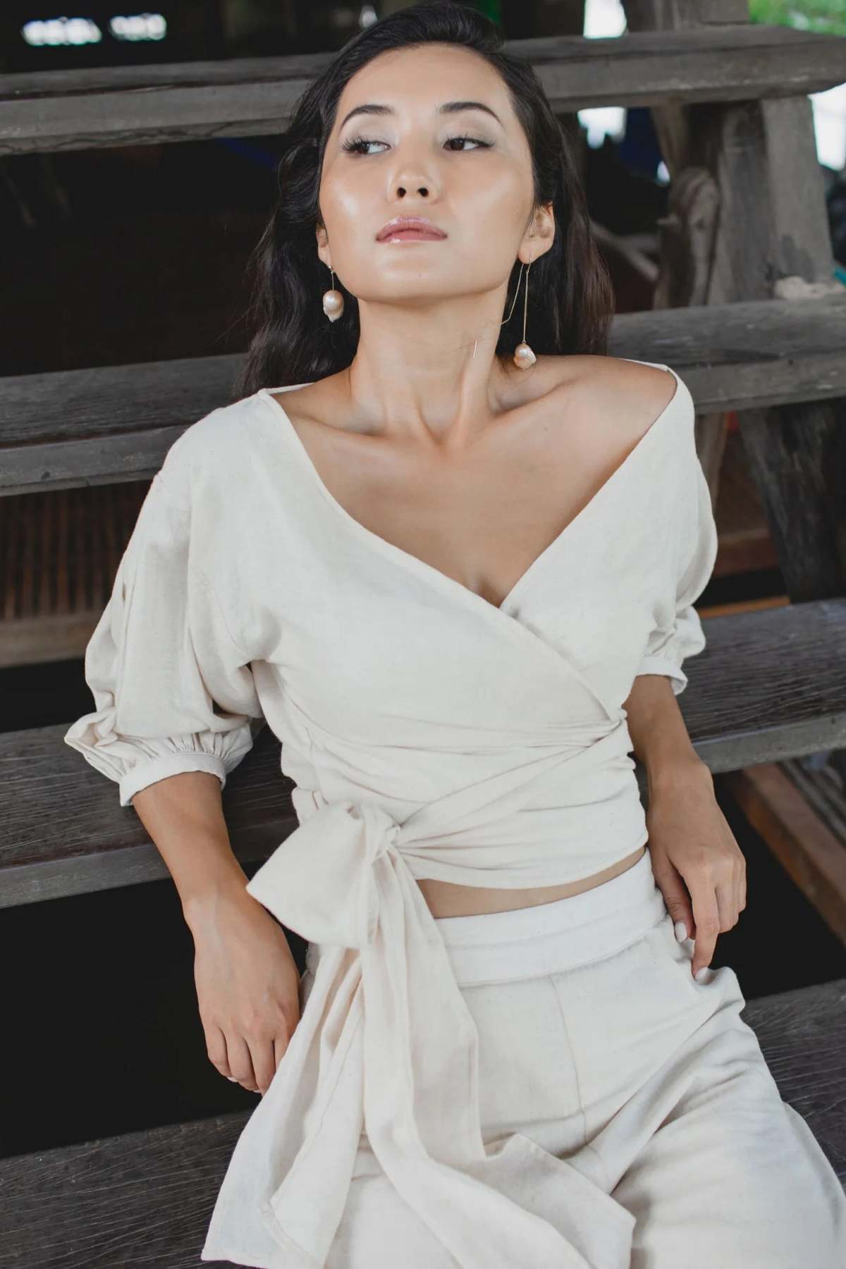 Nary Deadstock Linen Wrap Top - Cream | Garmentory