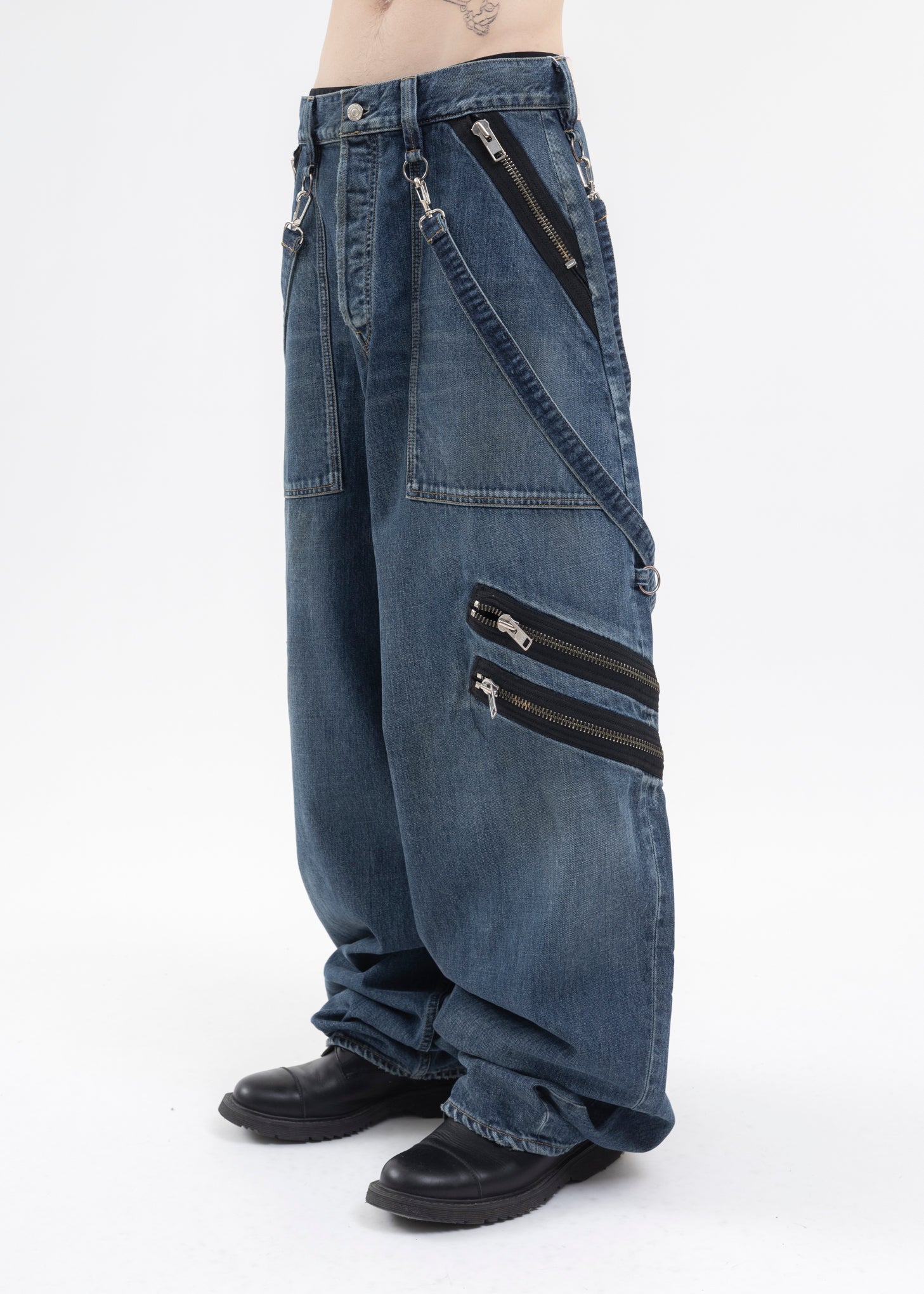 Kidill Distressed Denim Wide Zip & Straps Denim Pants - Indigo | Garmentory