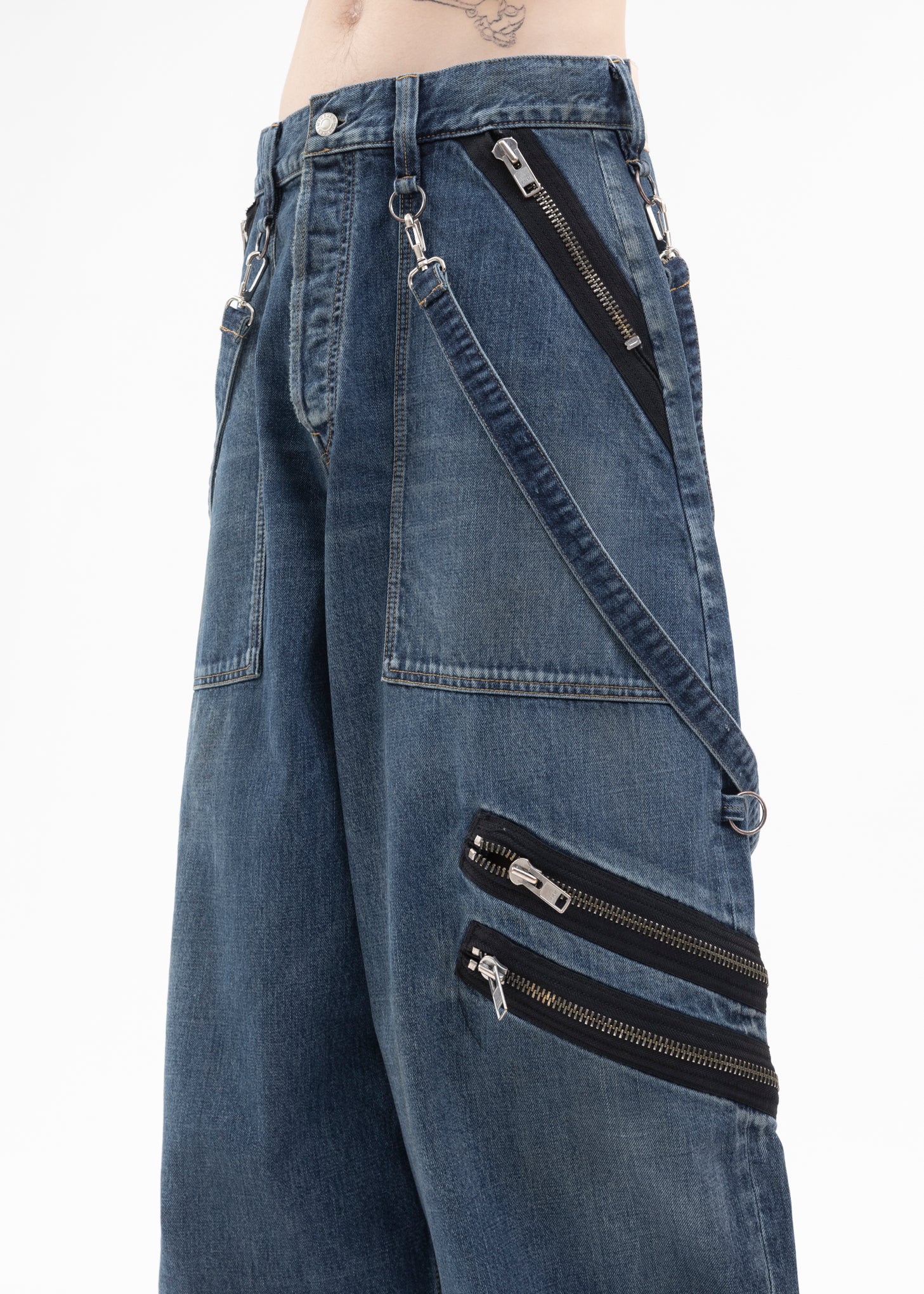 Kidill Distressed Denim Wide Zip & Straps Denim Pants - Indigo | Garmentory