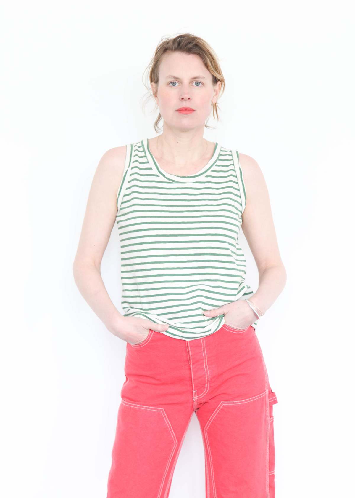 ICHI ANTIQUITES Cotton Border Tank Top - Natural/Green | Garmentory