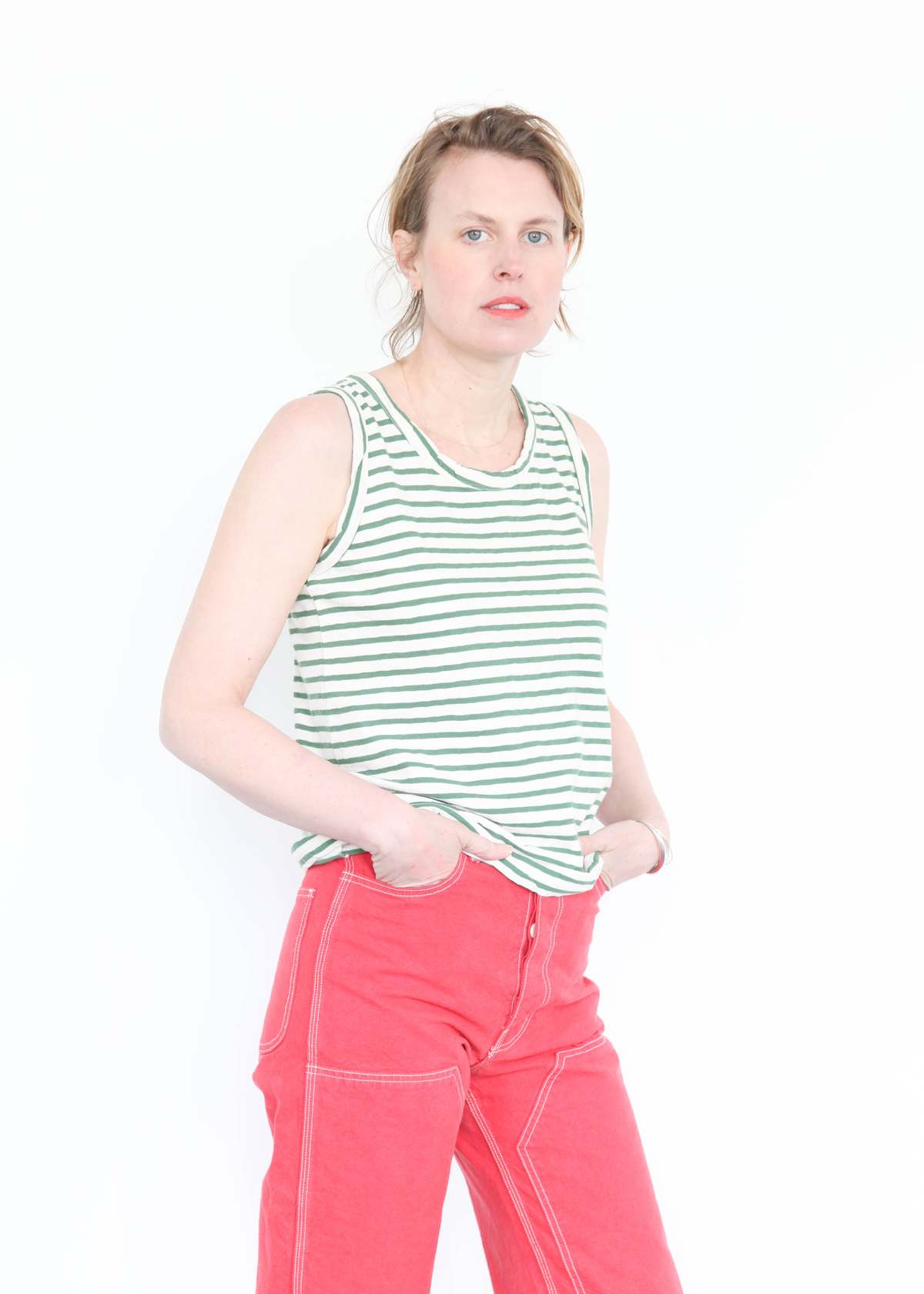 ICHI ANTIQUITES Cotton Border Tank Top - Natural/Green | Garmentory