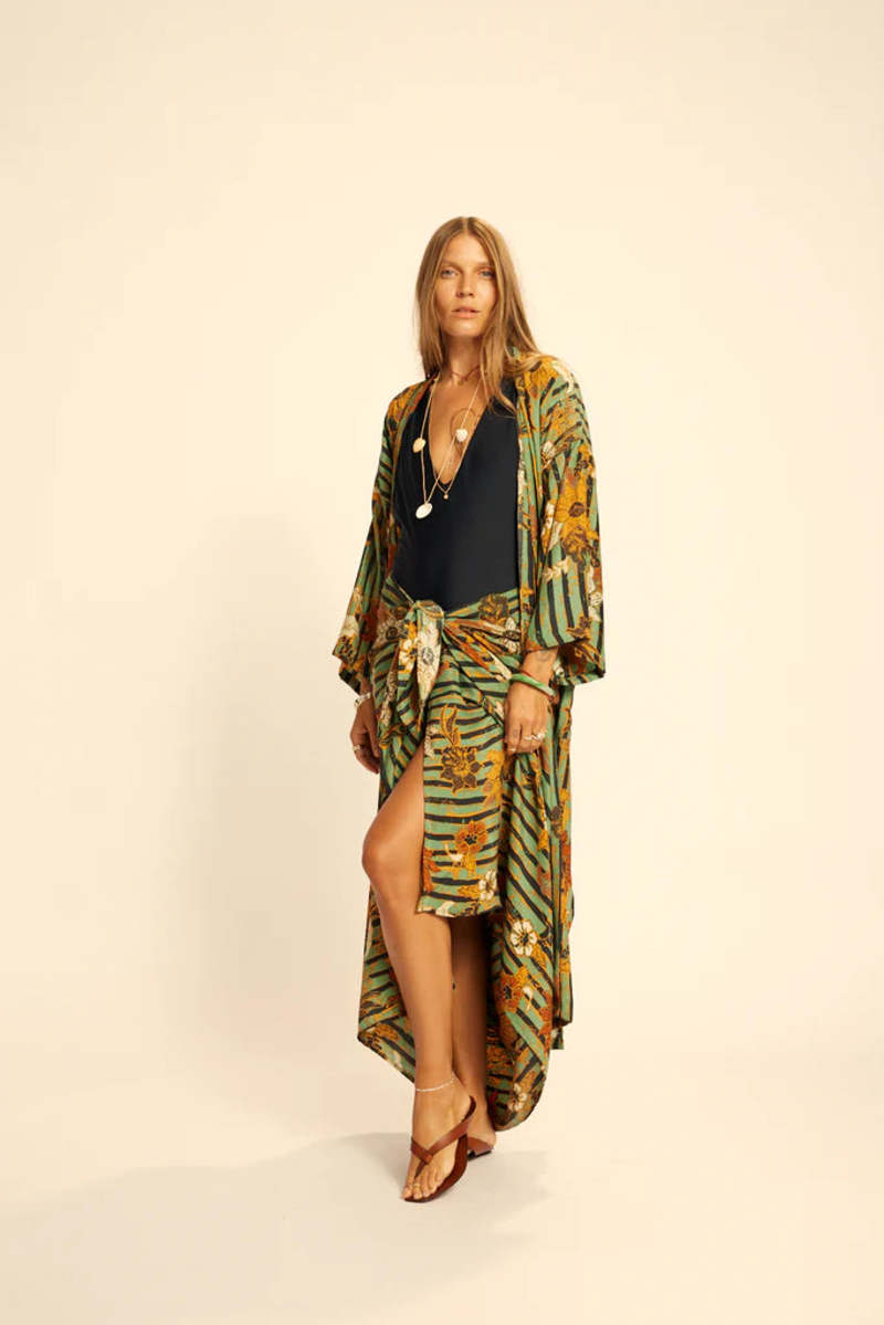 Natalie Martin Diane Robe - Sunflower Stripe Moss | Garmentory
