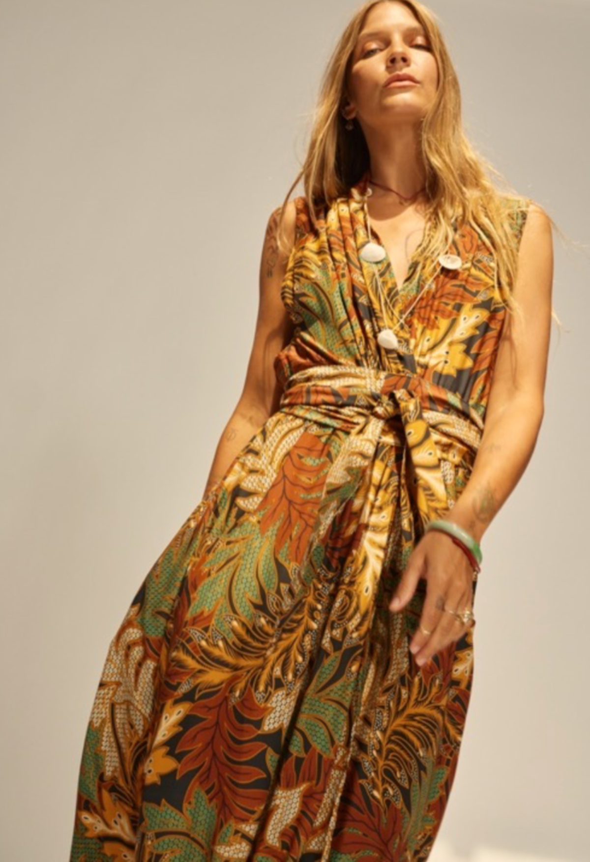 Natalie Martin Nico Sleeveless Maxi with Sash - Jungle Print Moss Green ...